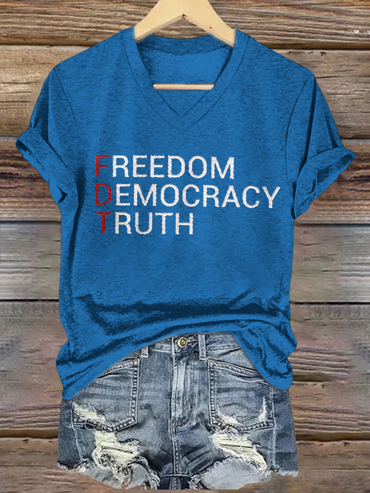 Women's Freedom Democracy Truth Print Short Sleeve V-Neck Cotton T-Shi ...