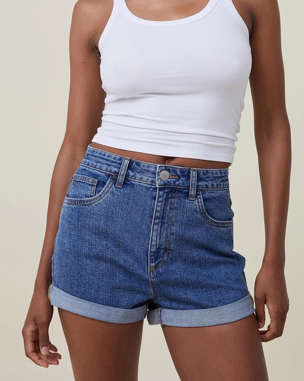 High Rise Classic Stretch Denim Shorts - PRAYEASLY