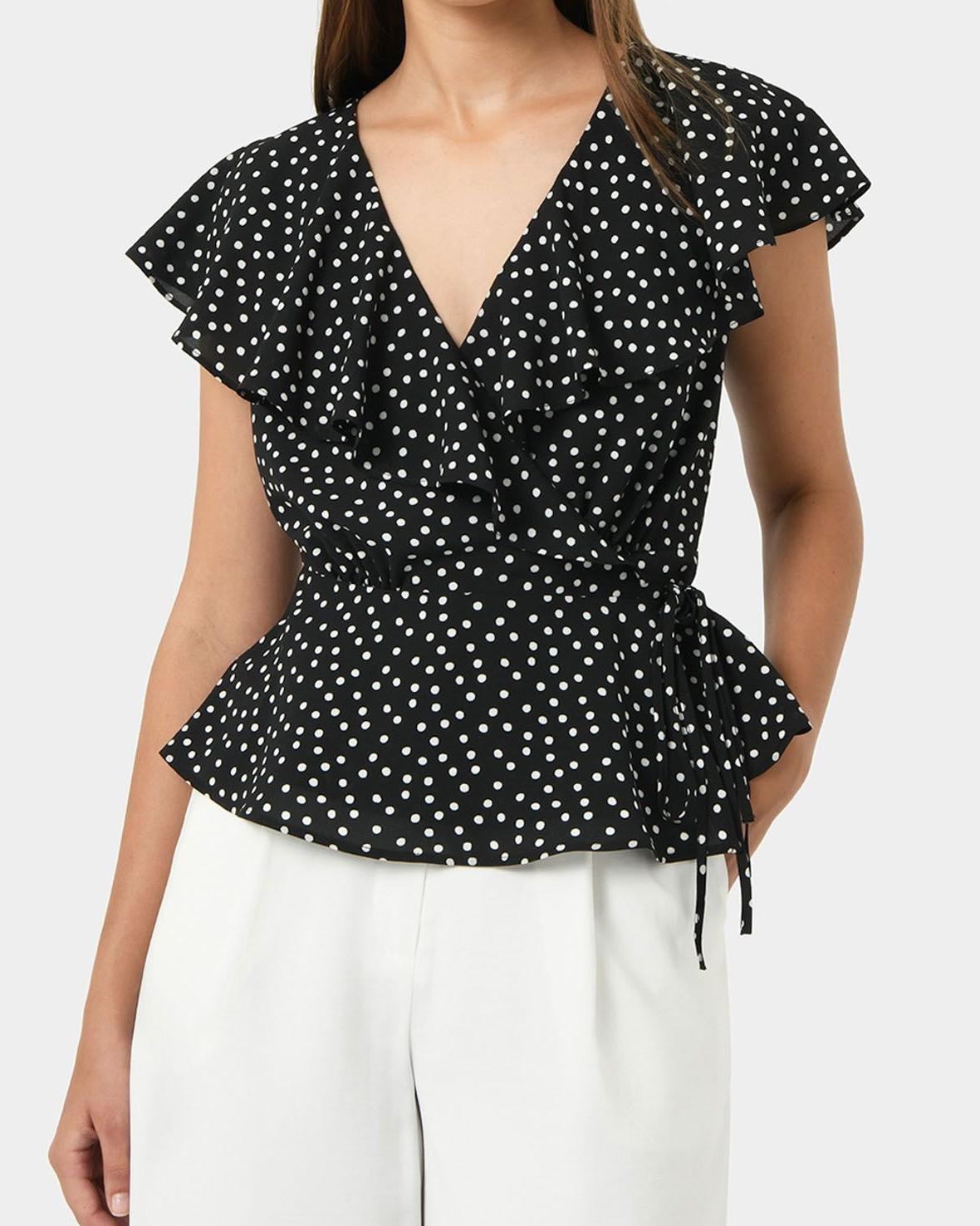 Polka Dot Design Ruffle Wrap Blouse - BELNARA